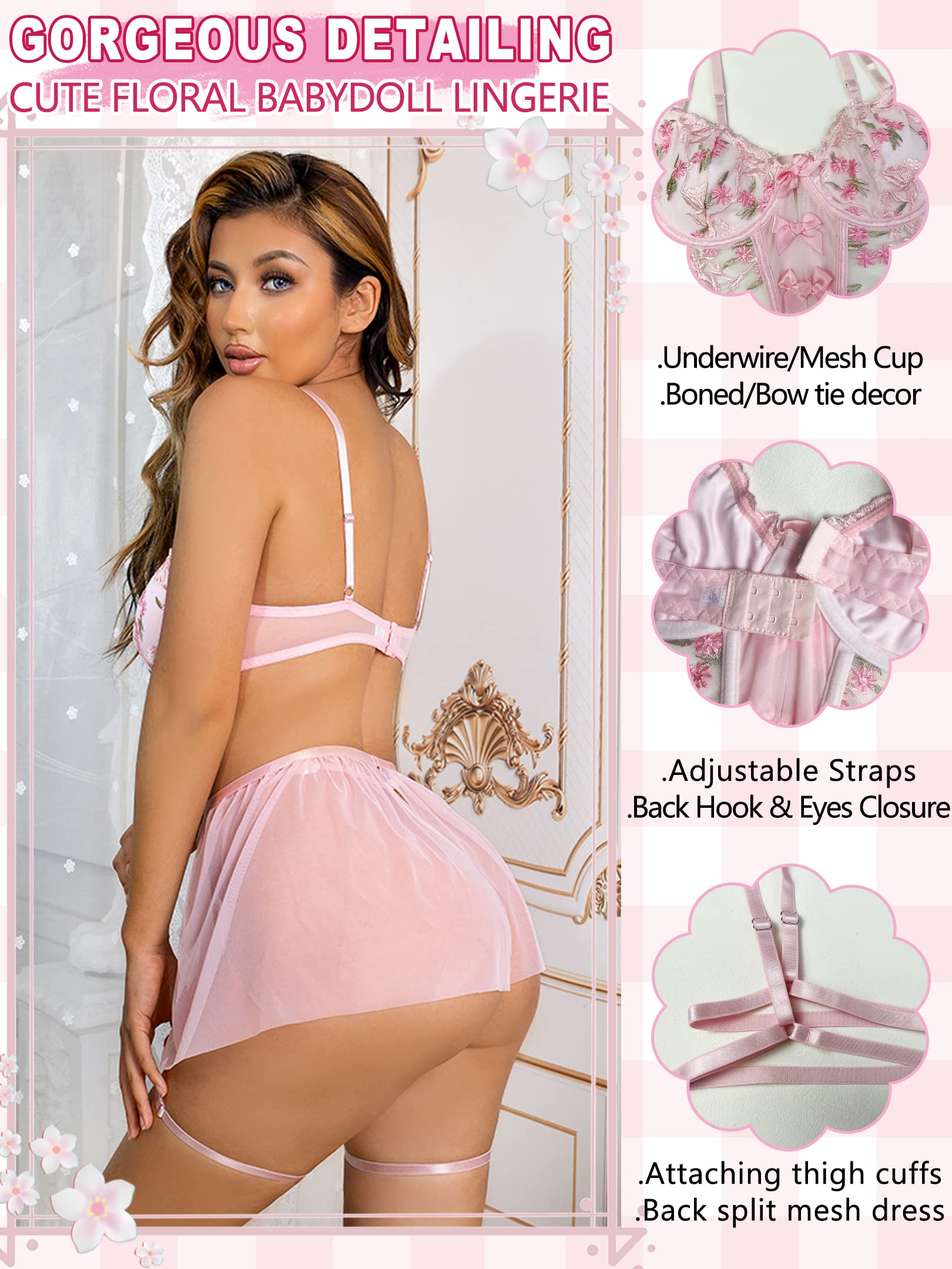 popiv Women Sexy Lace Lingerie Set Mesh Floral Bow Tie Lingerie Pink