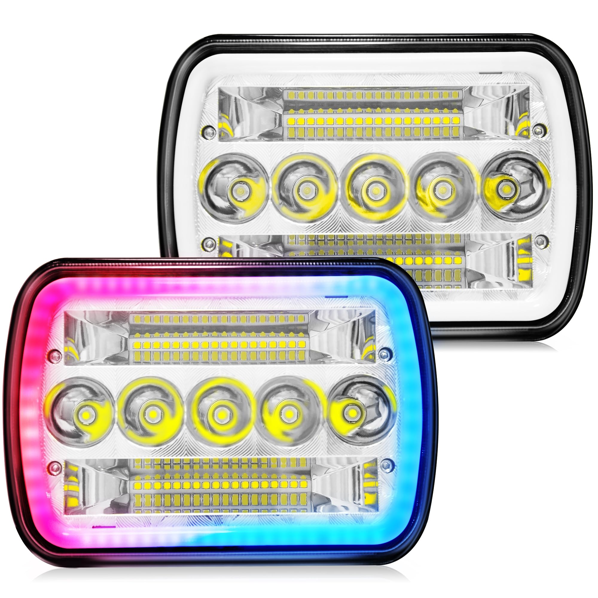 Nicoko H6054 Led Headlights 5x7 7x6 Led Headlamp High/Low Sealed Beam with RGBW Halo Function for Wrangler Cherokee YJ XJ Ford E250 GMC Dodge Truck Van with H4 Plug pack 2