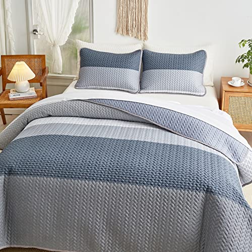 Striped Cotton Quilt Set King Size with White Gray Stripes Soft Cotton Reversible 3pc Quilt Bedding Set, Coverlet, Bedspread with 2 Pillow Shams