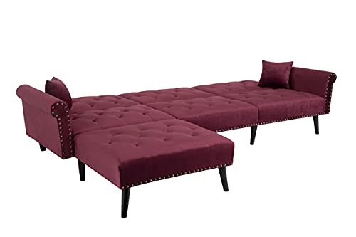 ERYE Button Tufted Sectional 2 Pillows and Reversible Chaise Lounge, L-Shaped Nailhead Decor Corner Sofá Convertible Sleeper Bed for Living Room Furniture Sets, Sofa & Couch, Red