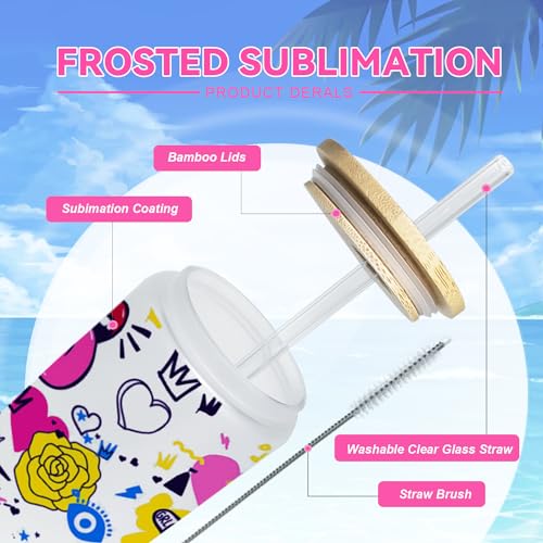 Kocdam 8 pack Sublimation Glass Cups with Bamboo Lid, 16oz Frosted Glass Cups with Lids and Straws, Sublimation Glass Blanks, Borosilicate Glasses for Beer, Juice, Soda, Iced Coffee, Drinks