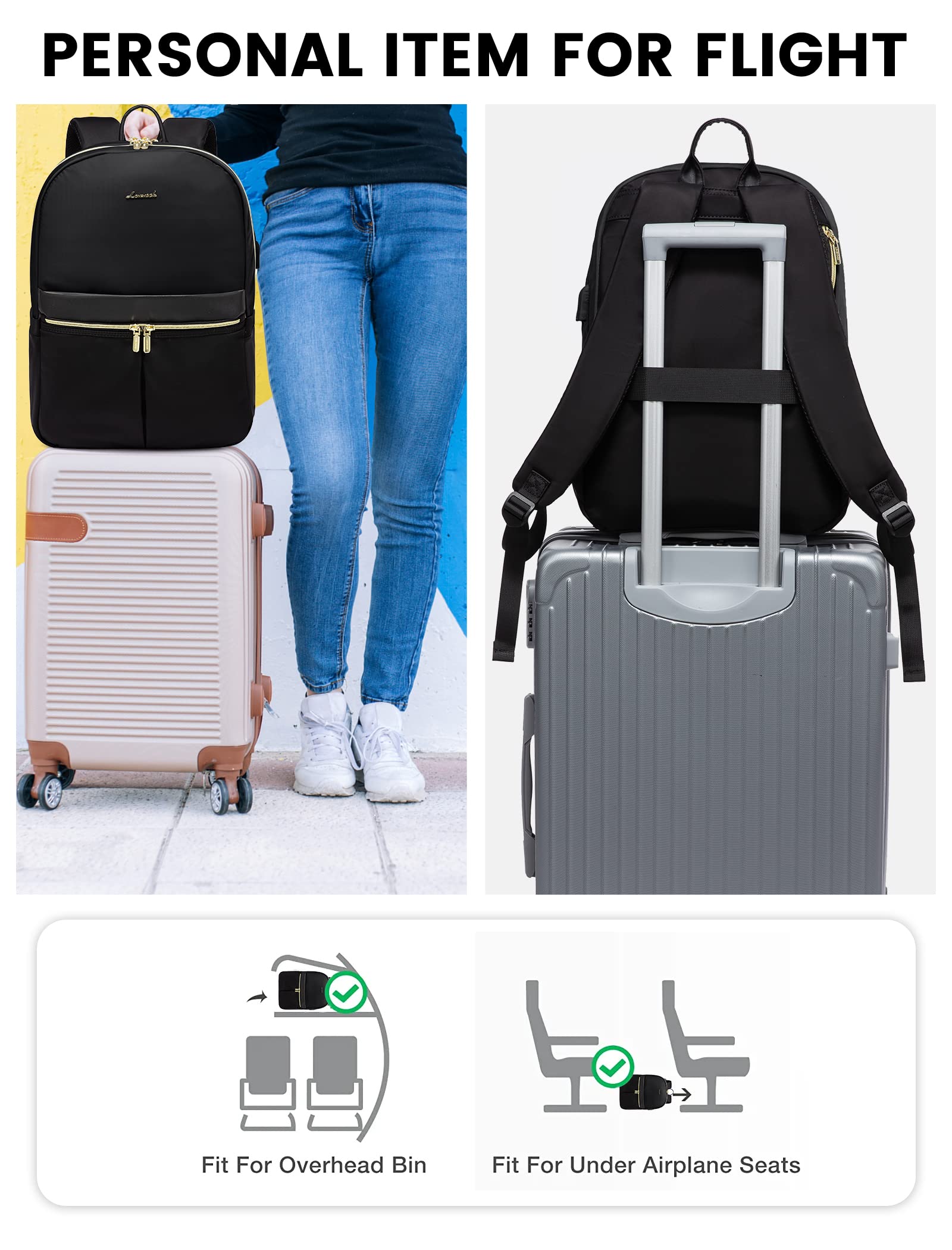 LOVEVOOK Travel Laptop Backpack Women, 15.6 Inch Anti-Theft Water Resistant Computer Back Pack, College Work Teacher Nurse Bag with USB Charging Port, Large Capacity, Black