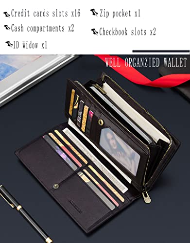 VANNANBA Mens Long Wallet Zipper Full Grain Leather Bifold Checkbook Cards Organized Holder Purse for Business Travel Gift