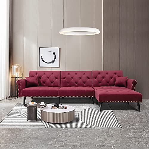 ERYE Button Tufted Sectional 2 Pillows and Reversible Chaise Lounge, L-Shaped Nailhead Decor Corner Sofá Convertible Sleeper Bed for Living Room Furniture Sets, Sofa & Couch, Red
