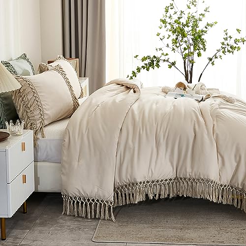 Andency King Size Comforter Set Beige, 3 Pieces Boho Tassel Lightweight Soft Bedding Comforter Sets for King Bed, All Season Fluffy Bed Set (104x90In Comforter & 2 Pillowcases)