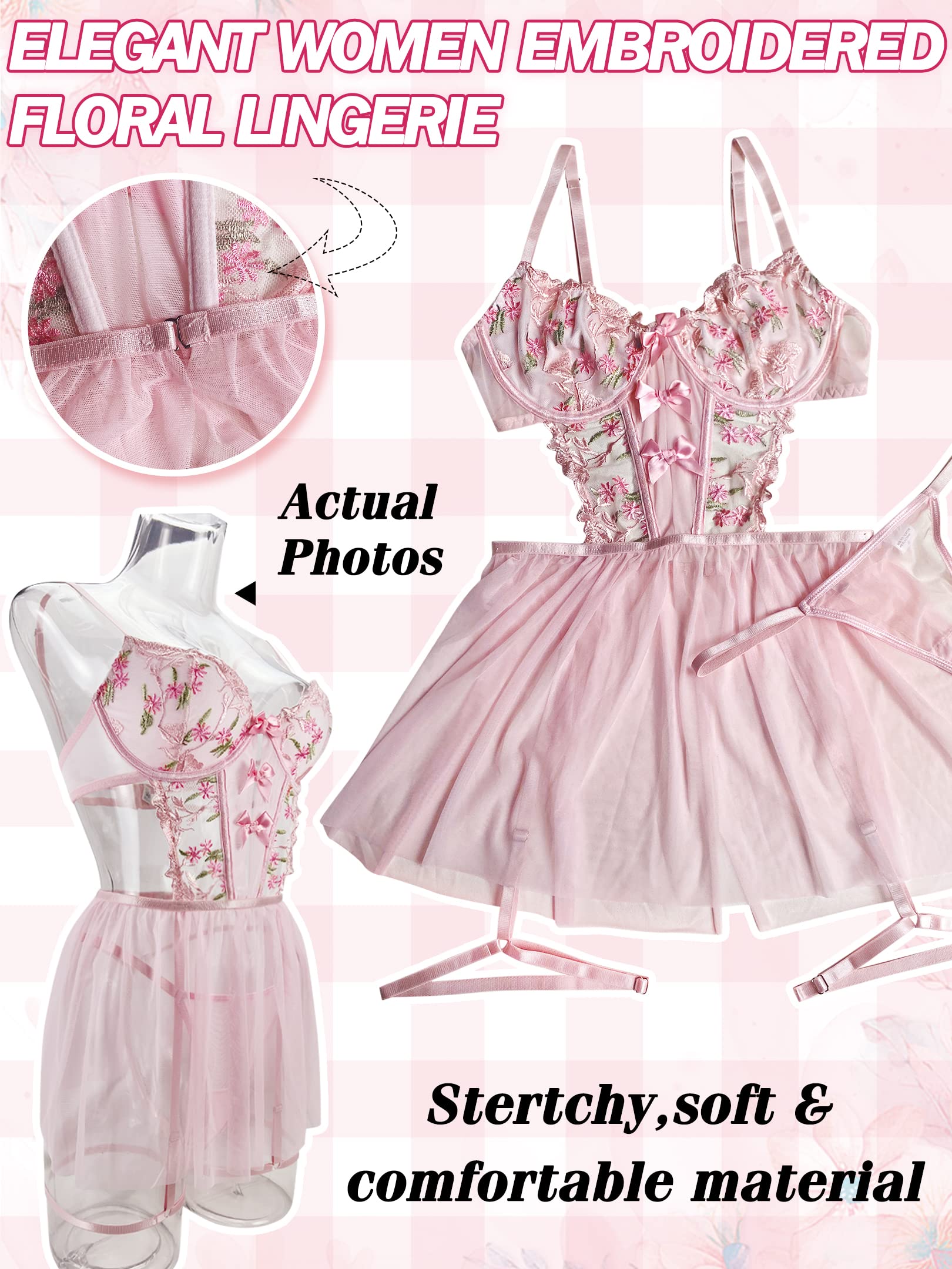 popiv Women Sexy Lace Lingerie Set Mesh Floral Bow Tie Lingerie Pink