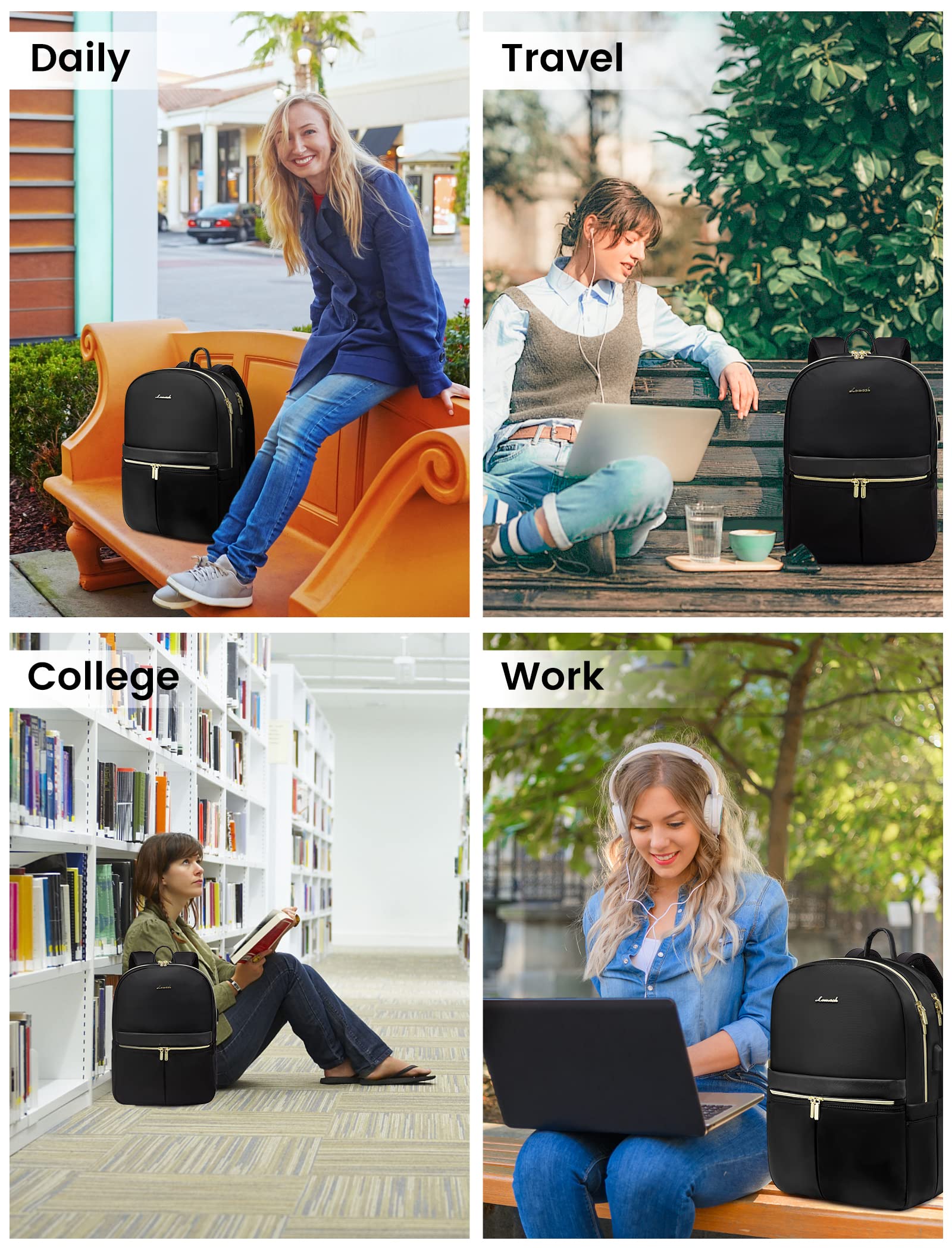 LOVEVOOK Travel Laptop Backpack Women, 15.6 Inch Anti-Theft Water Resistant Computer Back Pack, College Work Teacher Nurse Bag with USB Charging Port, Large Capacity, Black