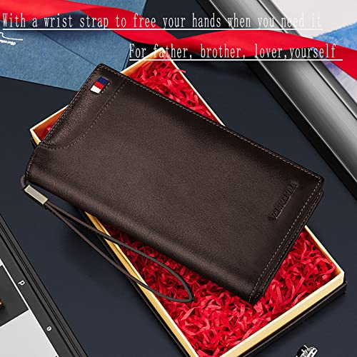 VANNANBA Mens Long Wallet Zipper Full Grain Leather Bifold Checkbook Cards Organized Holder Purse for Business Travel Gift