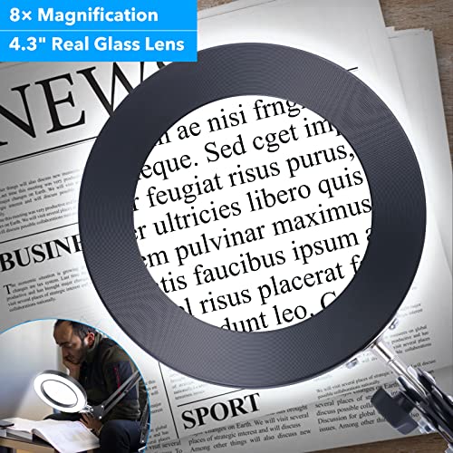 2in1 Magnifying Glass with Light and Stand, 8X Real Glass Desk Magnifier with Light, 3 Color Modes Stepless Dimmable, Desk Lamp & Clamp Lighted Magnifier for Hobby Reading Crafts Repair Close Works