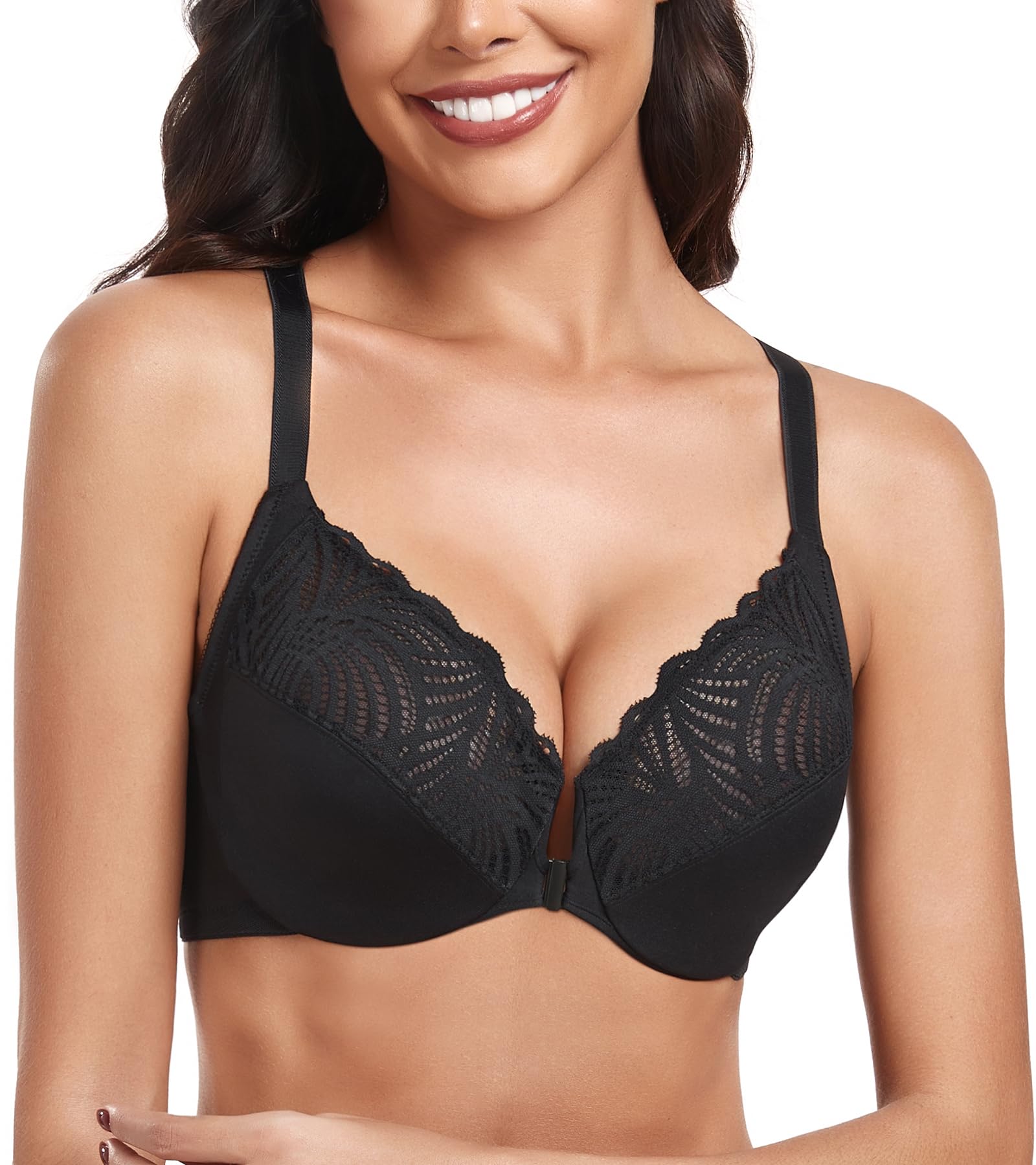 HACI Women's Front Closure Bra Underwire Unpadded T-Back Plus Size Lacy Full Coverage Racerback T-Shirt Unlined(Black,40G)