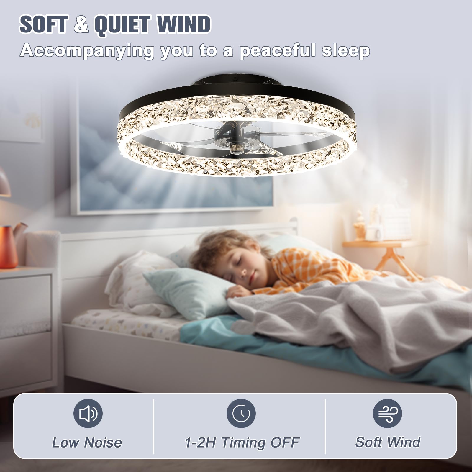 VOLISUN Low Profile Ceiling Fan with Lights and Remote, 19.7in Modern Ceiling Fans Flush Mount, 3000K-6500K Dimmable Bladeless LED Fan Light, Black Fandelier Ceiling Fans with Lights for Bedroom