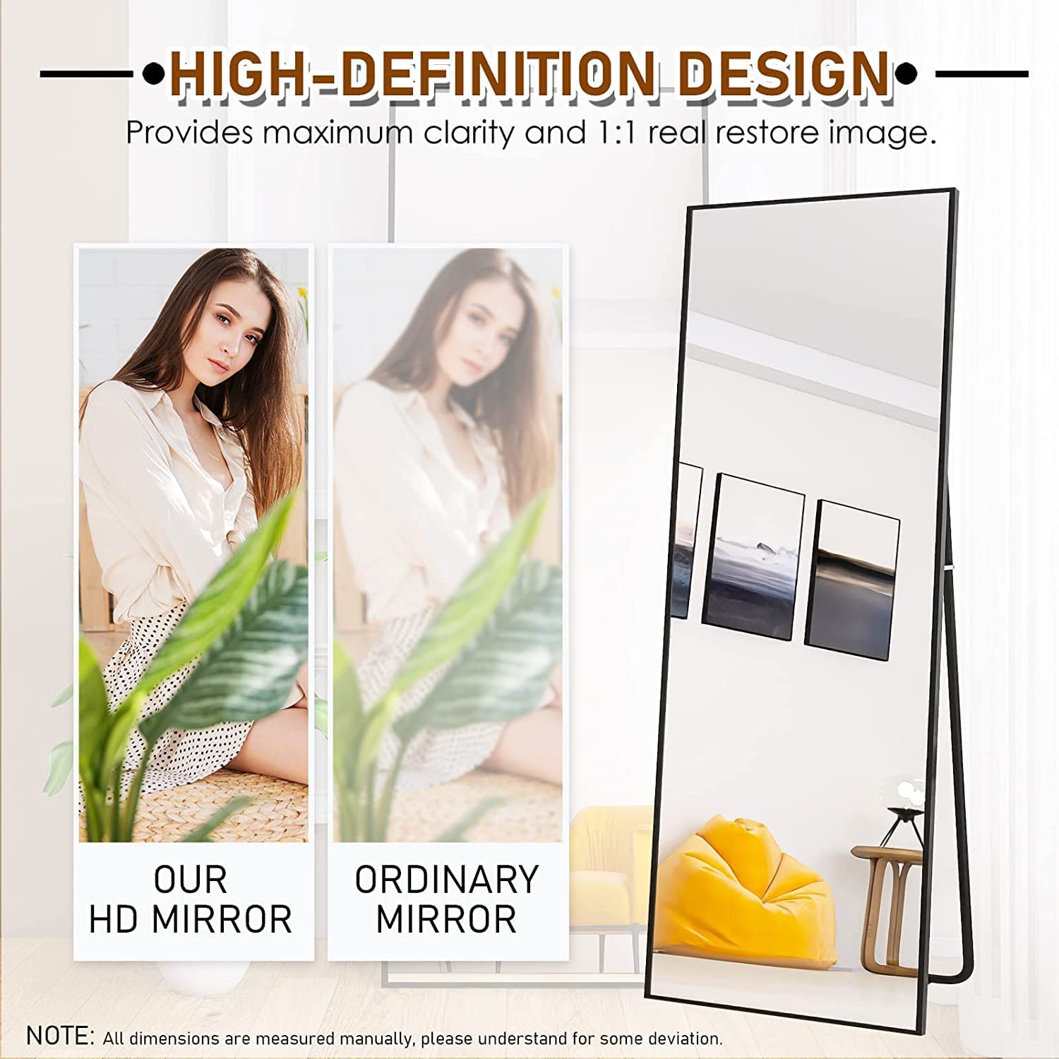 Yone jx je 65" x 24" Full Length Mirror Hanging Standing or Leaning, Bedroom Mirror Floor Mirror Wall-Mounted Mirror with Alloy Frame, Black