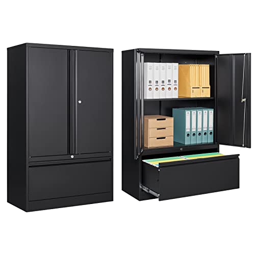 Anxxsu Lateral File Cabinet with Lock, Metal Storage Cabinet with Drawers, 52" Filing Cabinets for Home Office, Lockable Steel File Cabinet for Letter/Legal/A4 Size, Assembly Required, Black
