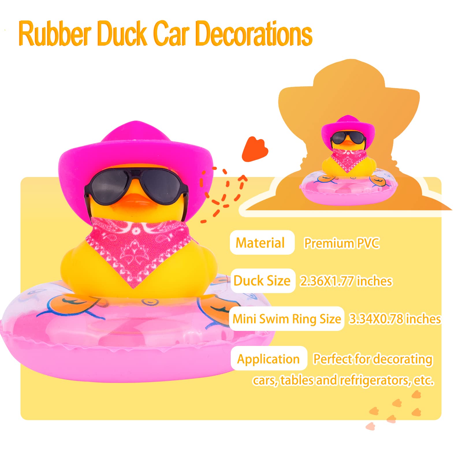 MuMyer Yellow Duck Car Ornaments Rubber Duck Car Dashboard Decorations with Mini Sunglasses Cowboy Hat Scarf Swim Ring(Pink)