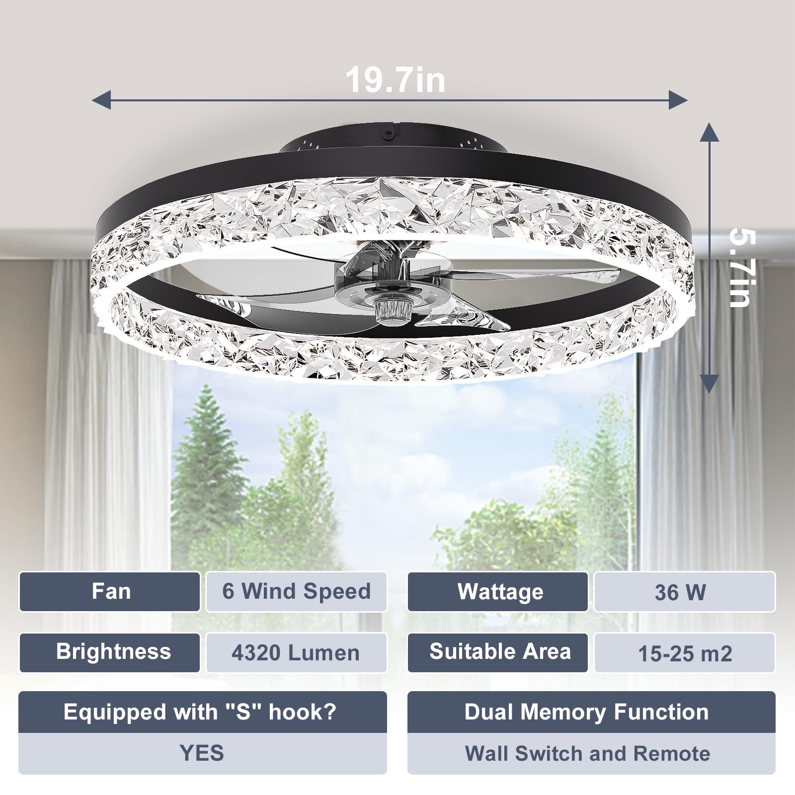 VOLISUN Low Profile Ceiling Fan with Lights and Remote, 19.7in Modern Ceiling Fans Flush Mount, 3000K-6500K Dimmable Bladeless LED Fan Light, Black Fandelier Ceiling Fans with Lights for Bedroom