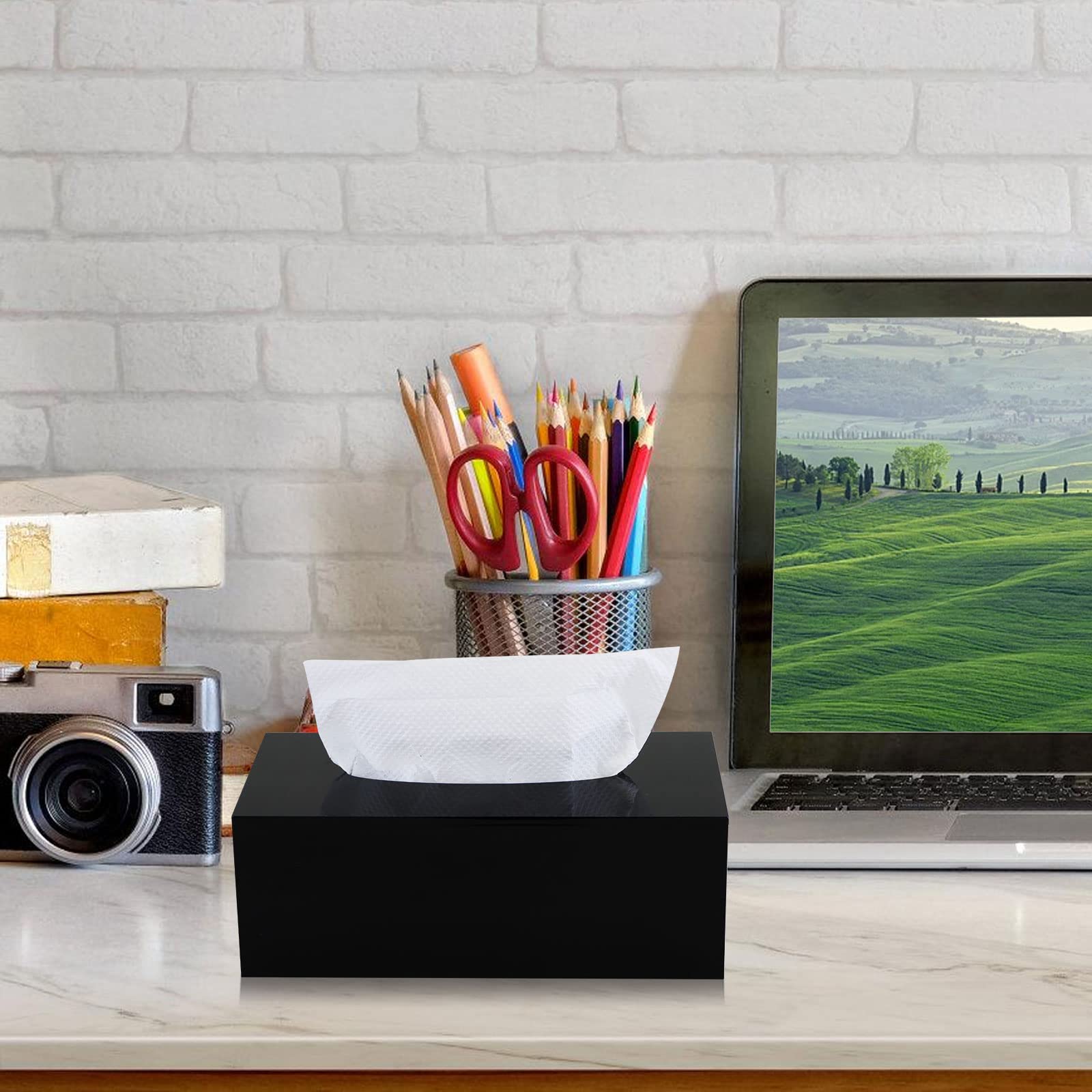 Acrylic Tissue Box Holder, PITBVO Rectangular Shiny Black Tissue Box Cover, Table Facial Napkin Dispenser for Car, Bathroom, Bedroom, Kitchen, Office, Living Room, Counter, Hotel Use