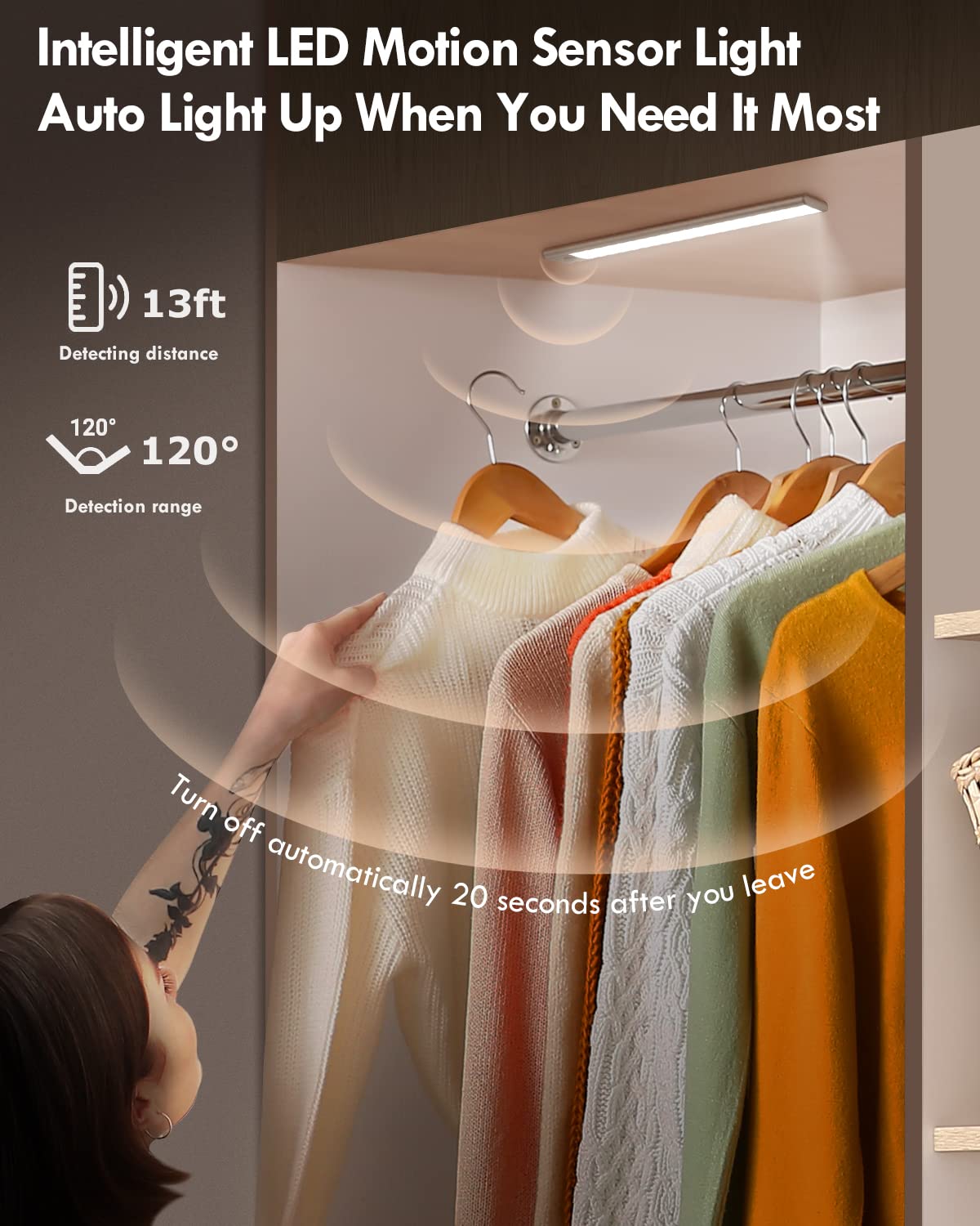 BLS LED Closet Lights, 52LED Motion Sensor Light Indoor, Under Cabinet Lights Rechargeable USB-C Under Cabinet Lighting, 1800mah Battery Operated Lights Wireless Magnetic Light for Kitchen Night Stair