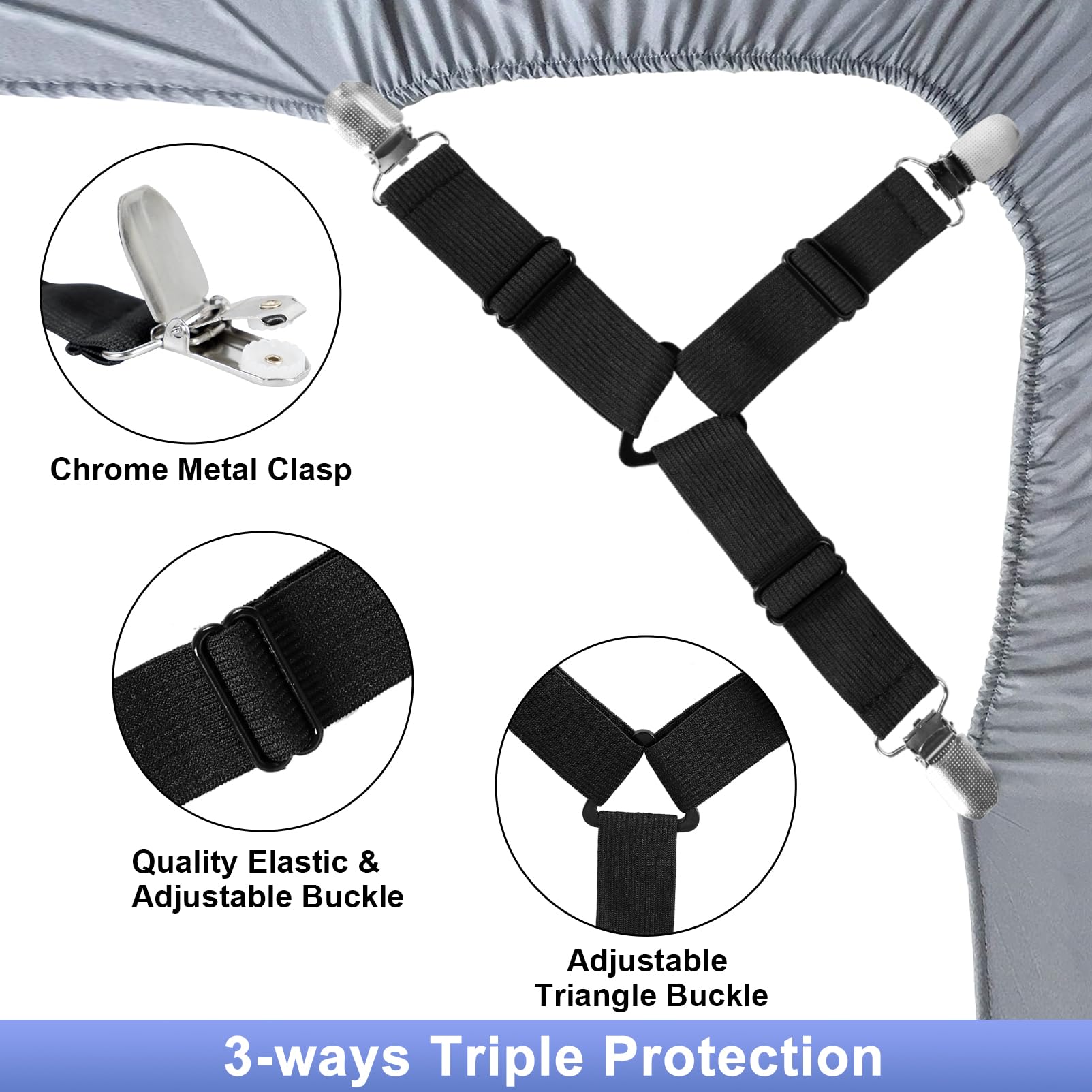 Bed Sheet Straps, 6 Pack Fitted Bed Sheet Fasteners Clips Adjustable Crisscross Bed Sheet Holder Straps for Corners Mattress Sheet Suspenders Grippers Bedding Accessories, Black