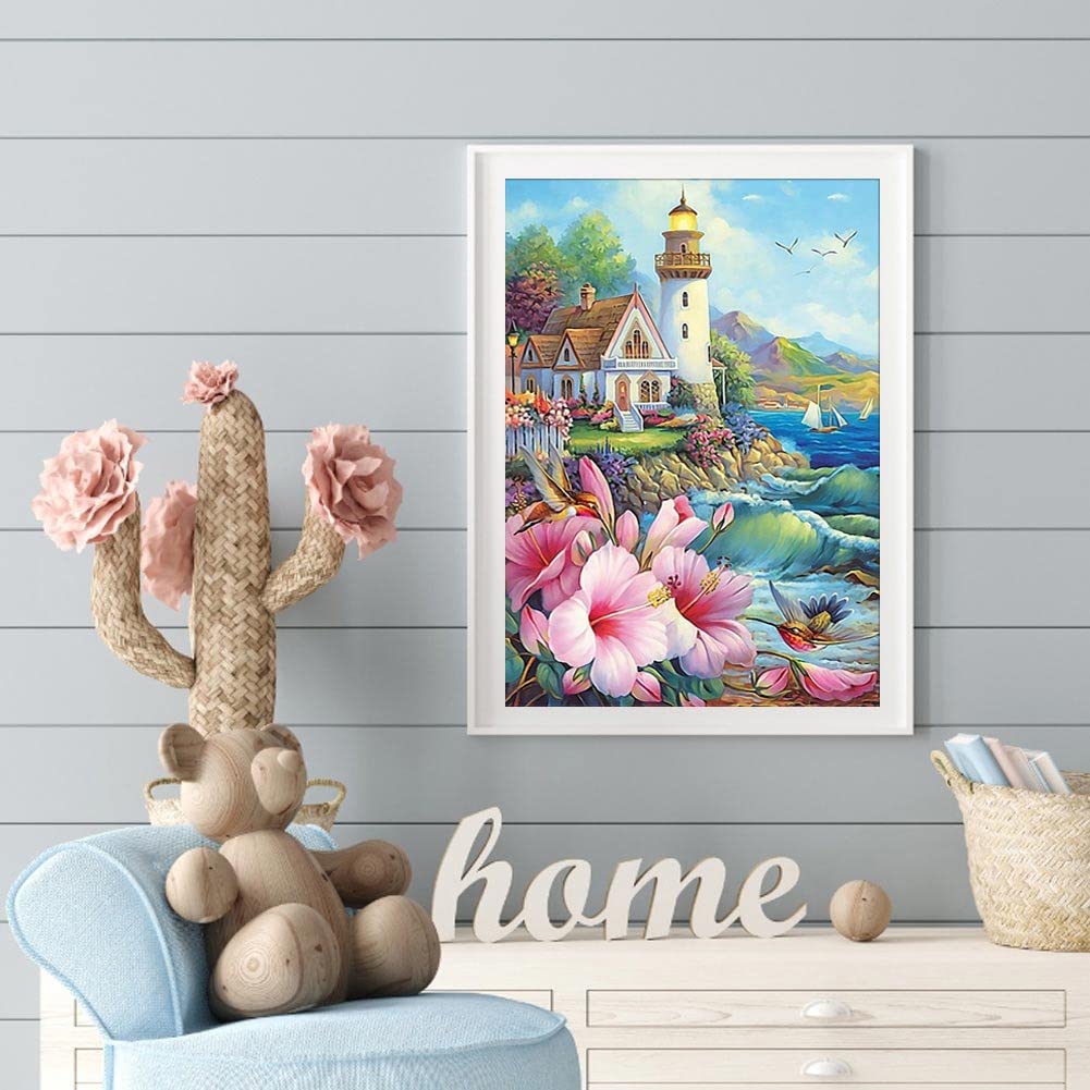 5D Diamond Painting Numbers Kits for Adults,DIY Full Drill Diamond Painting Seaside Lighthouse Round Diamond Art Crystal Craft for Home Wall Decor Gift(12x16inch)