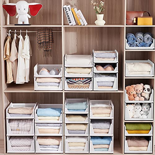 WDPUCHU Stackable Plastic Storage Basket-Foldable Closet Organizers and Storage Bins - Drawer Shelf Storage Container for Wardrobe Cupboard Kitchen Bathroom Office (White Small-4 Pack)