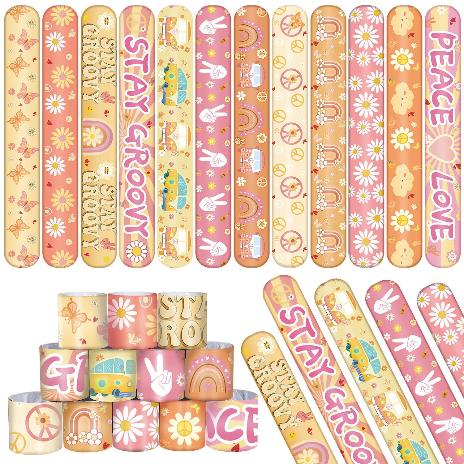 YYMYMGJ 60 Pieces Groovy Slap Bracelets Hippie Boho Wristbands Daisy Flower Peace Rainbow Butterfly and Love Bracelets for 60s 70s Groovy Party Favors Gifts Birthday Party Supplies Decorations
