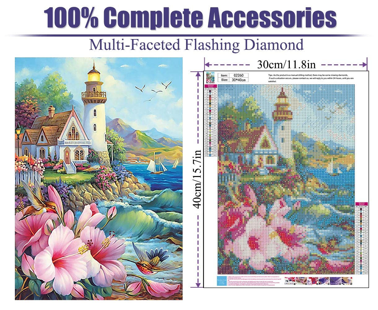 5D Diamond Painting Numbers Kits for Adults,DIY Full Drill Diamond Painting Seaside Lighthouse Round Diamond Art Crystal Craft for Home Wall Decor Gift(12x16inch)