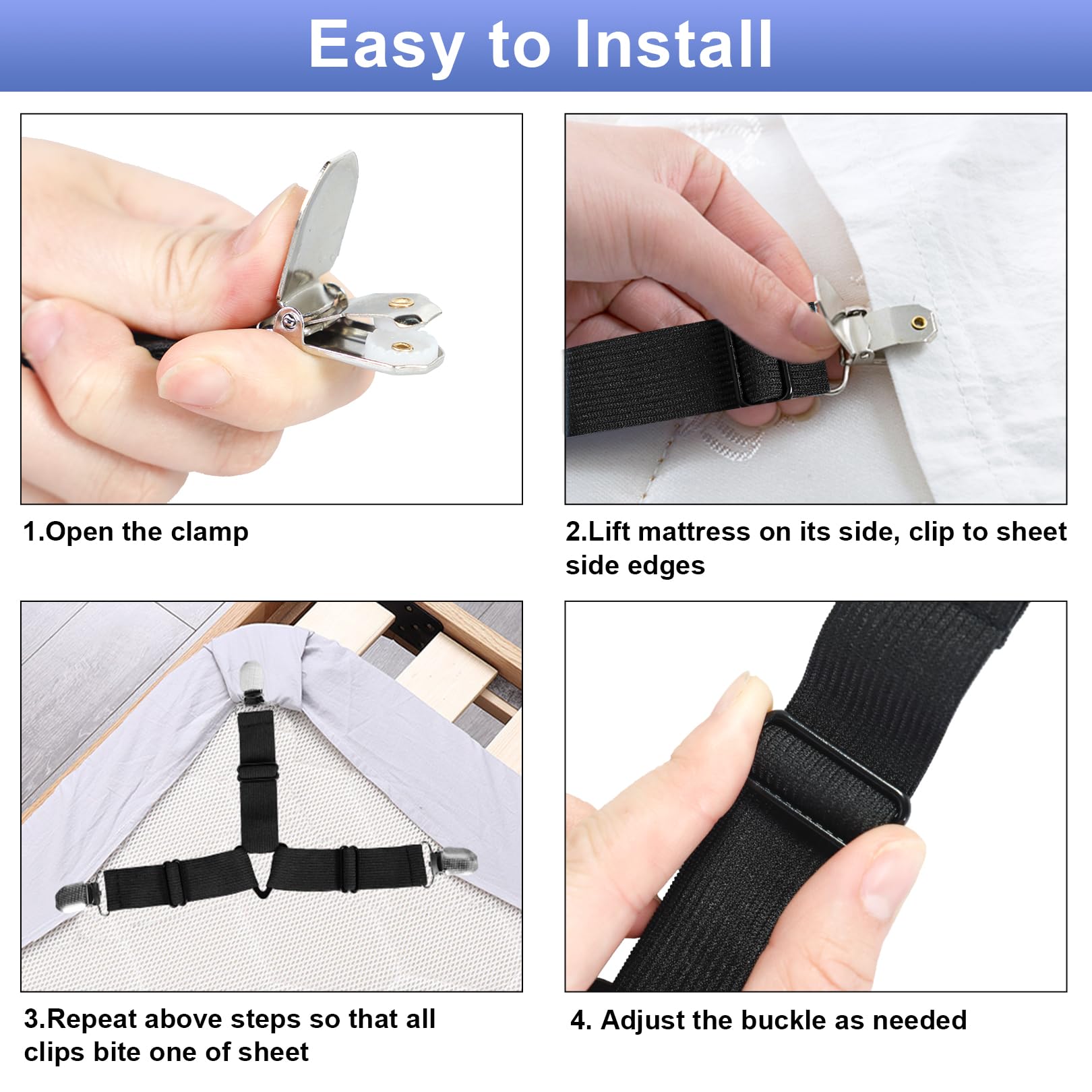 Bed Sheet Straps, 6 Pack Fitted Bed Sheet Fasteners Clips Adjustable Crisscross Bed Sheet Holder Straps for Corners Mattress Sheet Suspenders Grippers Bedding Accessories, Black