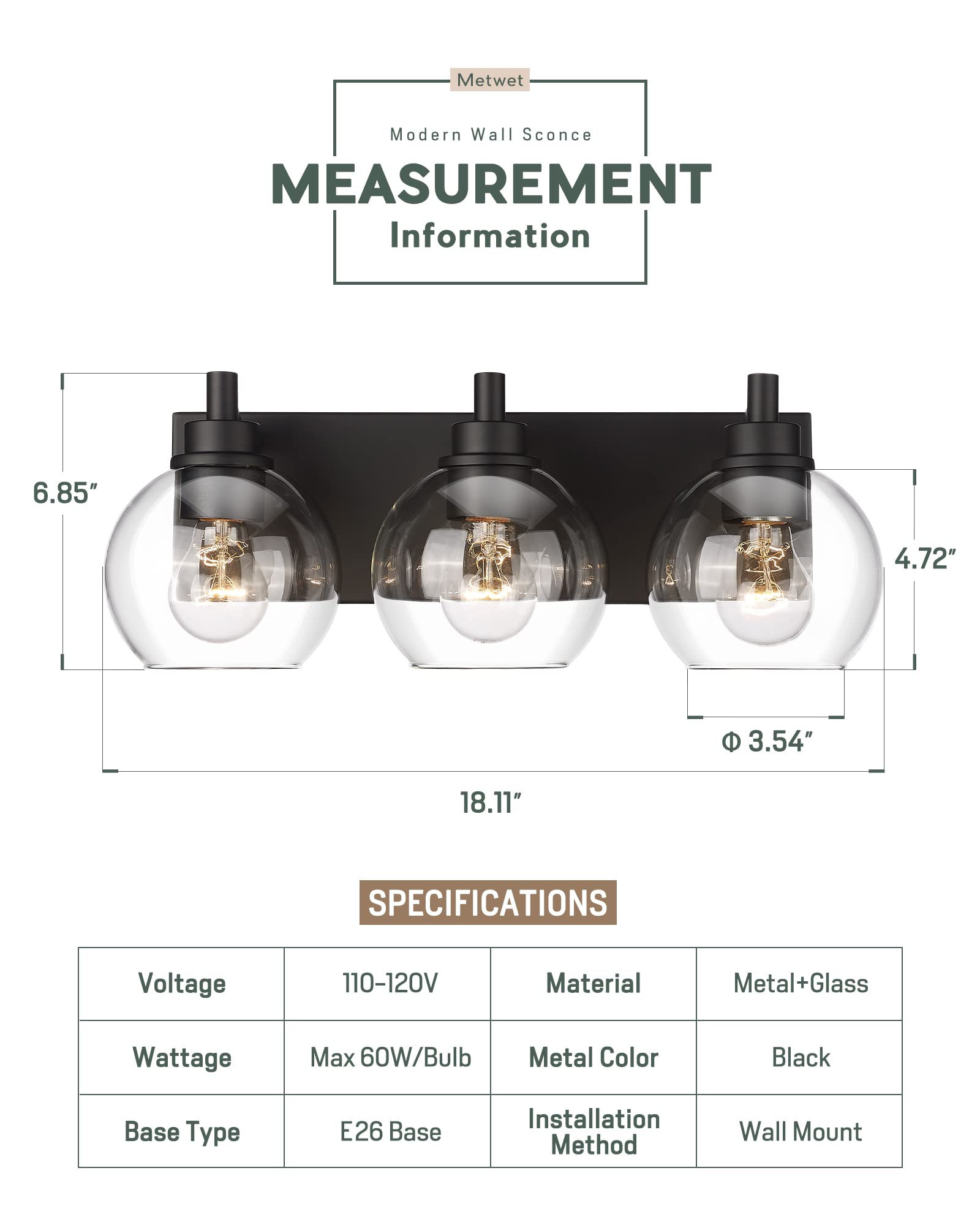 METWET Bathroom Light Fixtures, 3-Light Matte Black Vanity Light, Modern Wall Sconces with Clear Glass Globe Shade, Bathroom Wall Lights for Mirror Kitchen Bedroom Hallway, VL195-MB-3