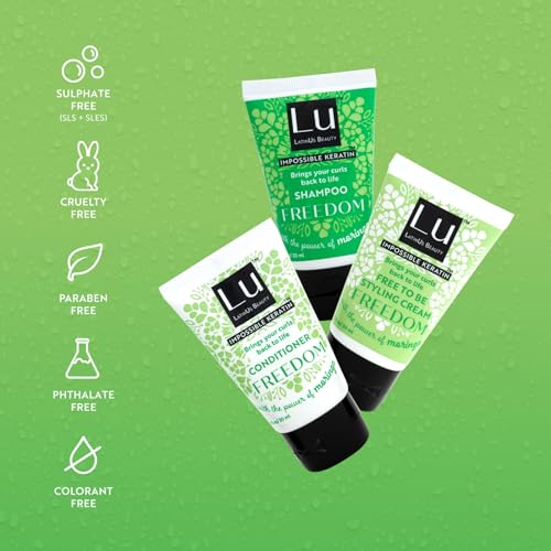 LATINUS BEAUTY FREEDOM Travel Size Collection: Impossible Keratin Anti-Frizz Shampoo + Conditioner + Styling Cream for Curly, Wavy Hair (1 oz bottles)