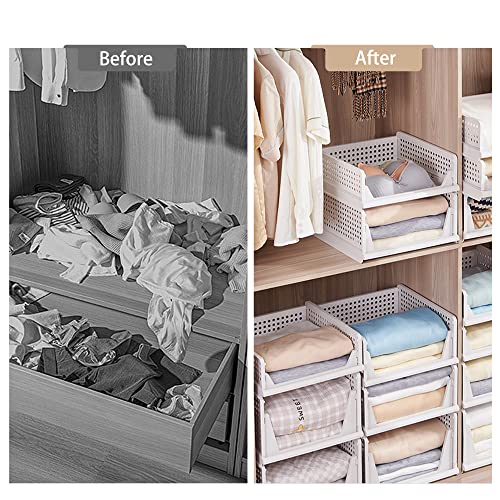 WDPUCHU Stackable Plastic Storage Basket-Foldable Closet Organizers and Storage Bins - Drawer Shelf Storage Container for Wardrobe Cupboard Kitchen Bathroom Office (White Small-4 Pack)