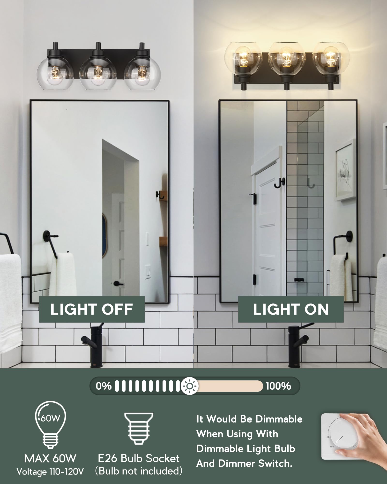 METWET Bathroom Light Fixtures, 3-Light Matte Black Vanity Light, Modern Wall Sconces with Clear Glass Globe Shade, Bathroom Wall Lights for Mirror Kitchen Bedroom Hallway, VL195-MB-3