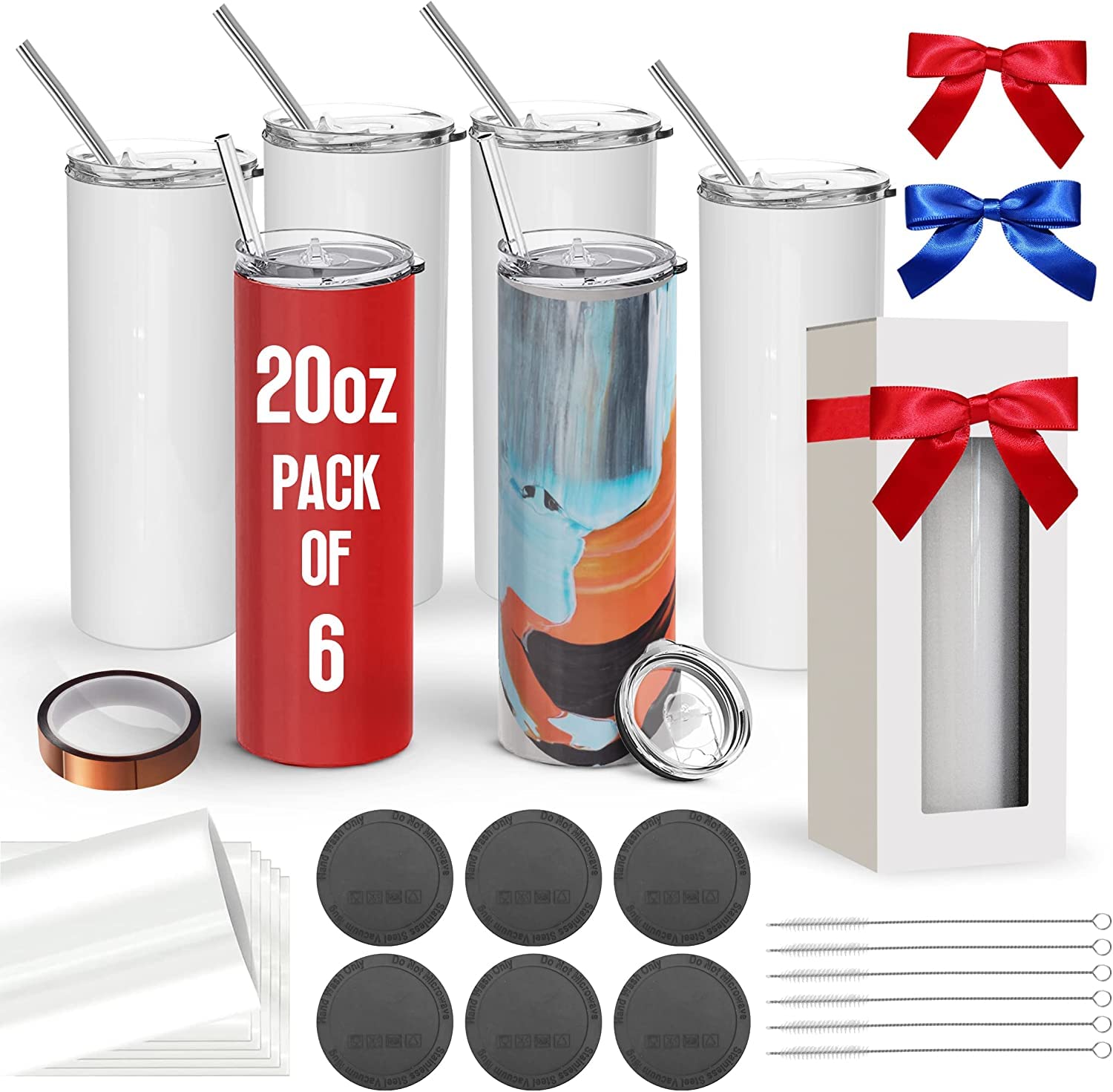 The Brandster Sublimation Tumblers 20 OZ Skinny Bulk, Double-Walled Stainless Steel Sublimation Blanks Tumblers, with Lid, Straw, Heat Tape, Shrink Wrap, Gift Boxed to Personalize & Gift