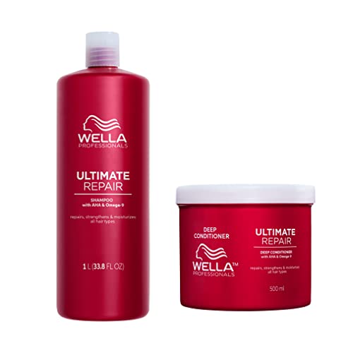 Wella Professionals ULTIMATE REPAIR Shampoo, Lightweight Cream Shampoo + Deep Nourishing Conditioner for Damaged Hair, Vegan Haircare, Formulated with Metal Purifier Technology, Liter Set
