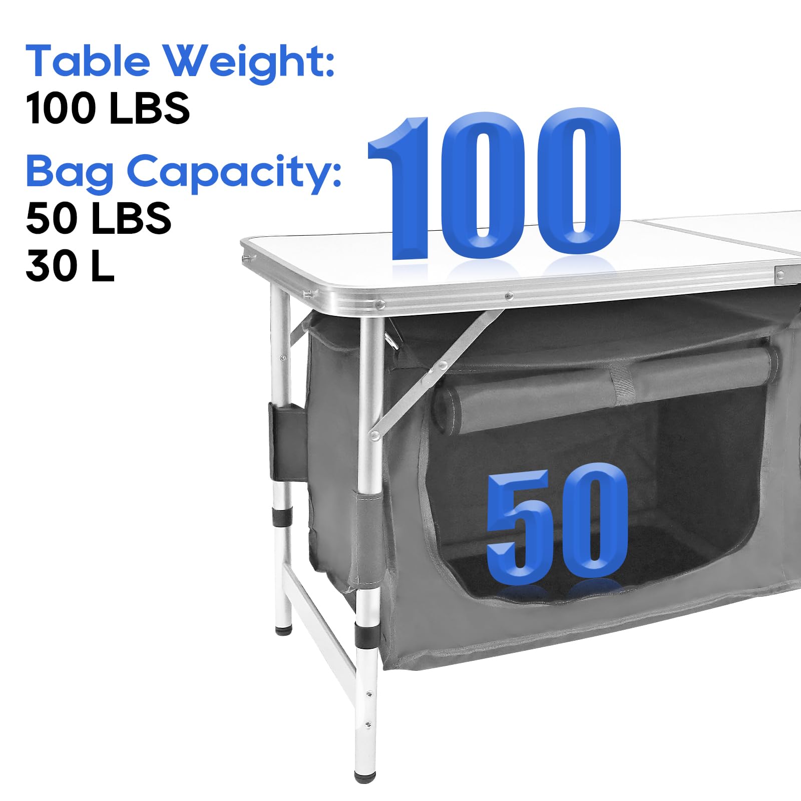 Moosinily Folding Camping Table 4 Ft Foldable Picnic Table 3 Height Adjustable Portable Camp Kitchen with Oxford Storage Outdoor White 47.2×18.5 inch