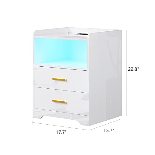 HNEBC Night Stand with Charging Station,LED Nightstand with Body Sensor Function, Smart Nightstand has RGB Lights Mode,Bedside Table with Drawers,Side Table for Bedroom/Living Room (White)