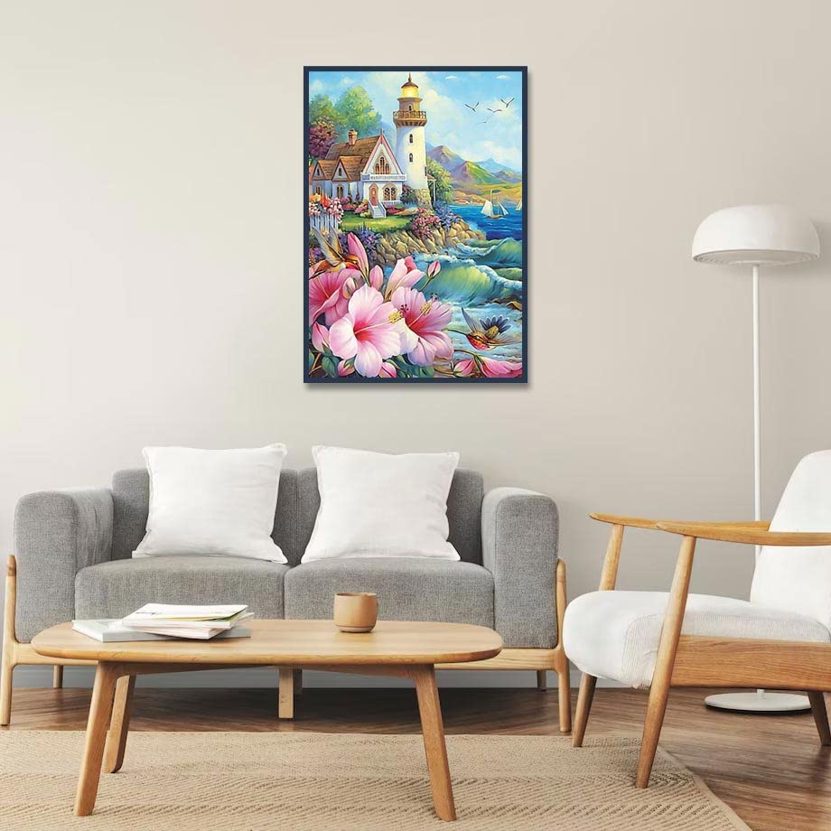5D Diamond Painting Numbers Kits for Adults,DIY Full Drill Diamond Painting Seaside Lighthouse Round Diamond Art Crystal Craft for Home Wall Decor Gift(12x16inch)