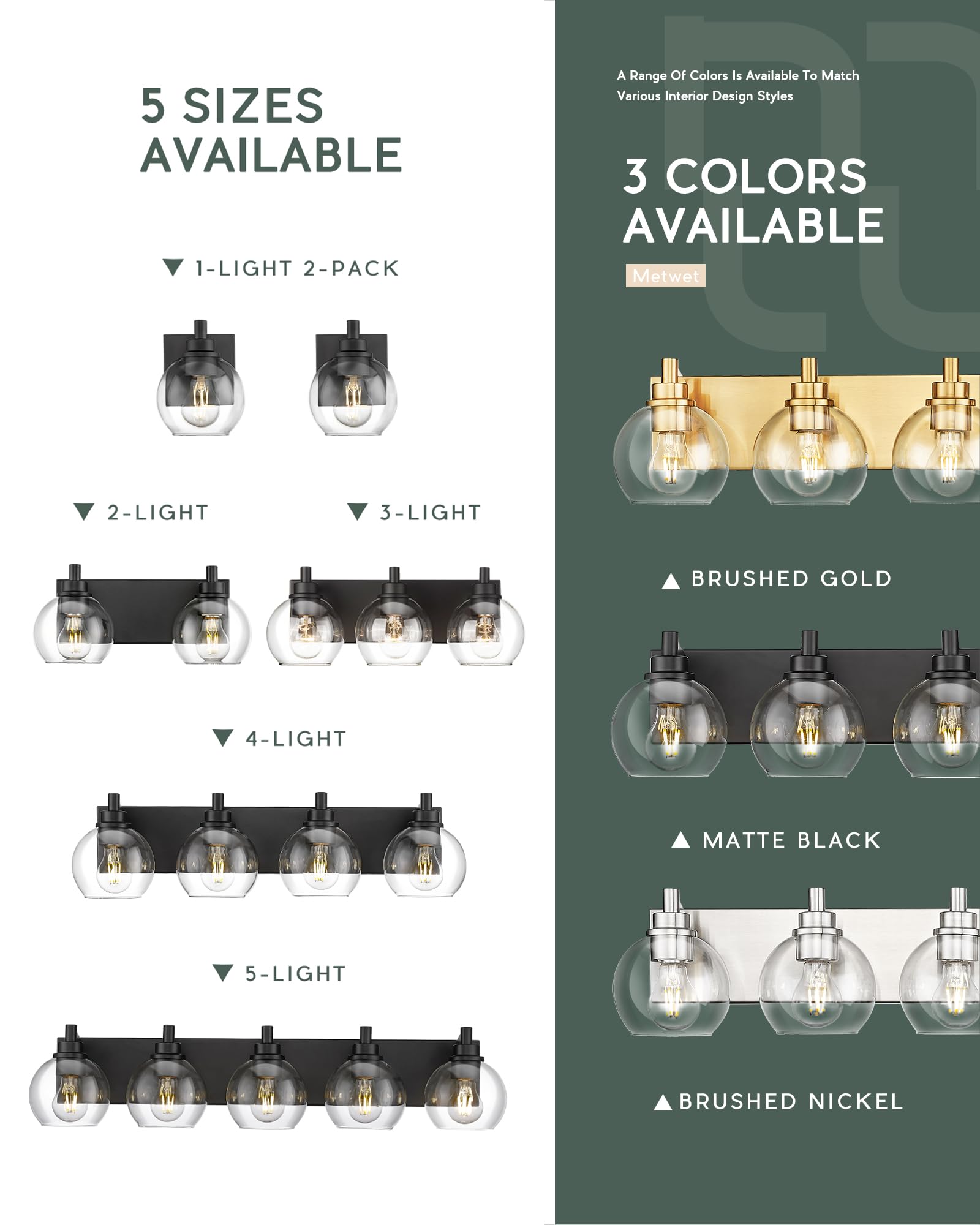 METWET Bathroom Light Fixtures, 3-Light Matte Black Vanity Light, Modern Wall Sconces with Clear Glass Globe Shade, Bathroom Wall Lights for Mirror Kitchen Bedroom Hallway, VL195-MB-3