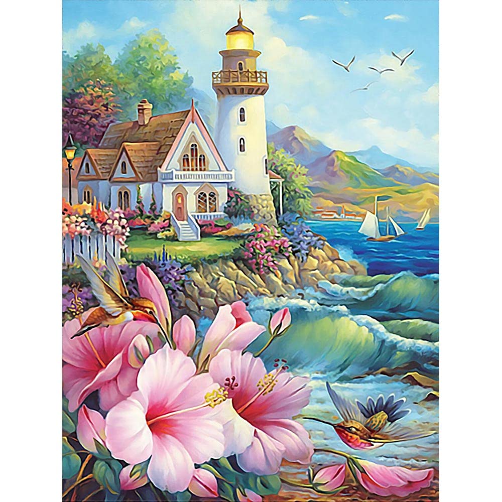 5D Diamond Painting Numbers Kits for Adults,DIY Full Drill Diamond Painting Seaside Lighthouse Round Diamond Art Crystal Craft for Home Wall Decor Gift(12x16inch)
