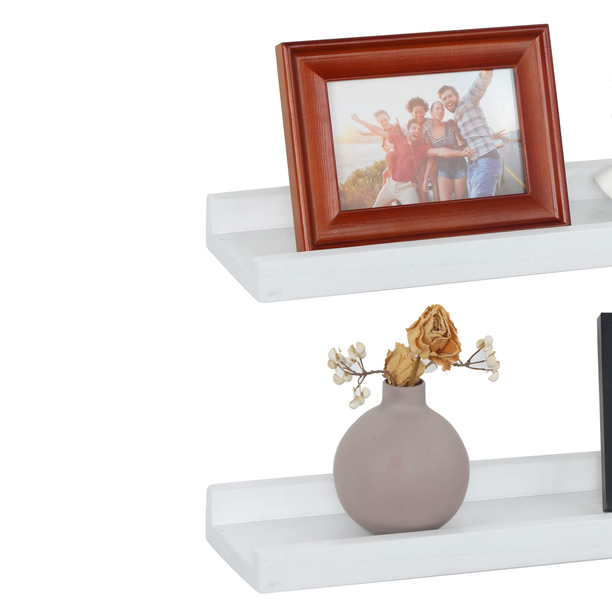 PHOENANCEE Picture Shelf Set of 2,Wood Wall Ledge with Lip,Photo Frames Book Storage Display Shelves for Living Room Bedroom Kitchen Kids Nursery,Home Office Decor(Rustic White,17 Inch)