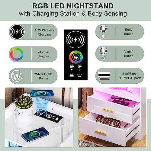 HNEBC Night Stand with Charging Station,LED Nightstand with Body Sensor Function, Smart Nightstand has RGB Lights Mode,Bedside Table with Drawers,Side Table for Bedroom/Living Room (White)