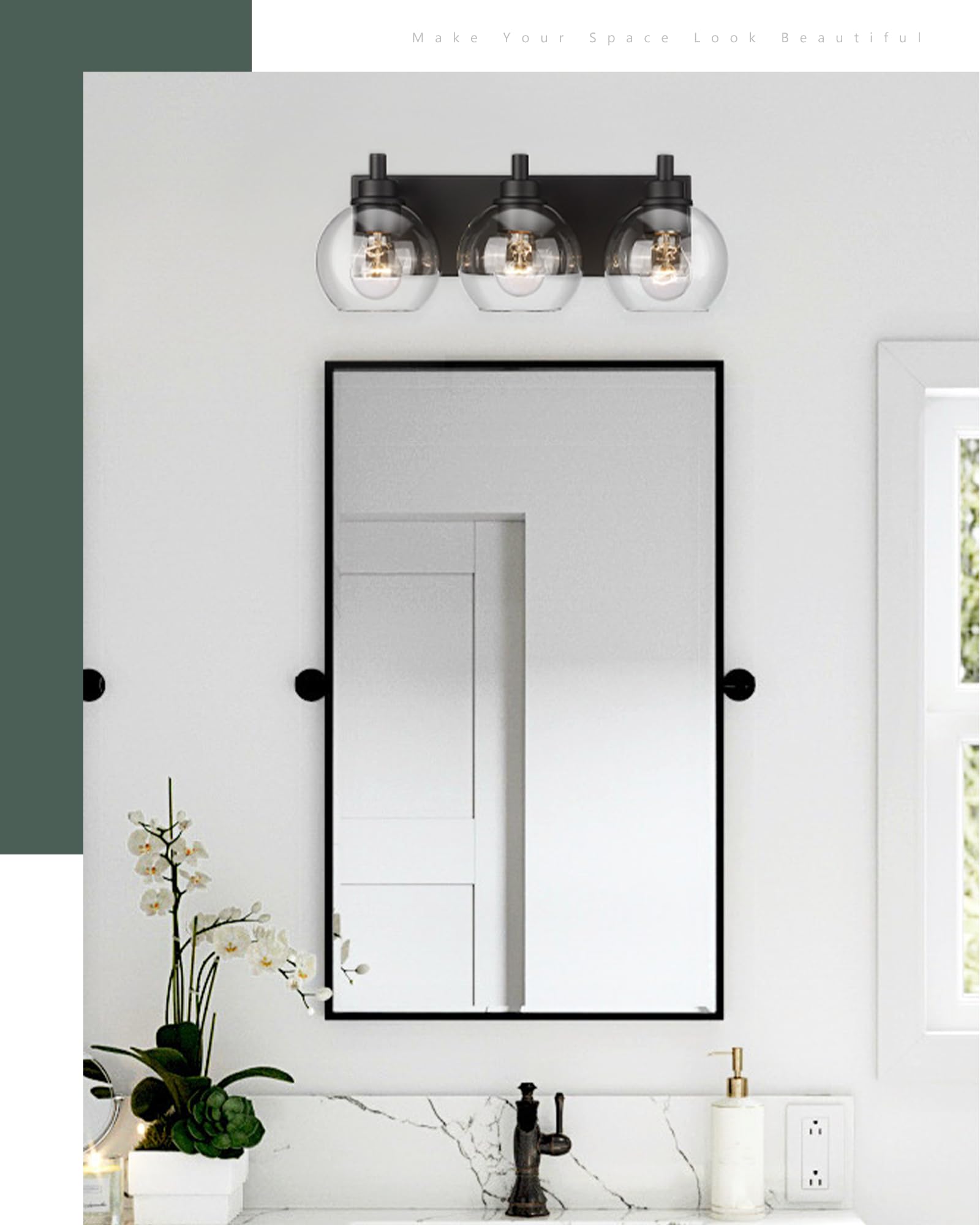 METWET Bathroom Light Fixtures, 3-Light Matte Black Vanity Light, Modern Wall Sconces with Clear Glass Globe Shade, Bathroom Wall Lights for Mirror Kitchen Bedroom Hallway, VL195-MB-3