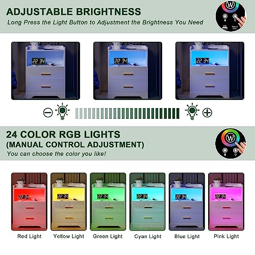 HNEBC Night Stand with Charging Station,LED Nightstand with Body Sensor Function, Smart Nightstand has RGB Lights Mode,Bedside Table with Drawers,Side Table for Bedroom/Living Room (White)