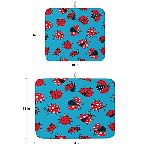 Dish Drying Mat for Kitchen Counter Absorbent Quick Drying Mat, Cute Ladybug Red Black Carapace Insect Dense Animal Blue Microfiber Drying Pad Countertop Protector, Easy to Hang- 16 x 18