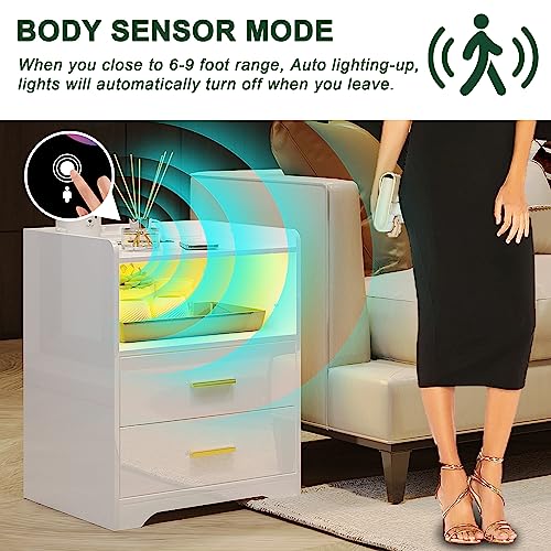 HNEBC Night Stand with Charging Station,LED Nightstand with Body Sensor Function, Smart Nightstand has RGB Lights Mode,Bedside Table with Drawers,Side Table for Bedroom/Living Room (White)