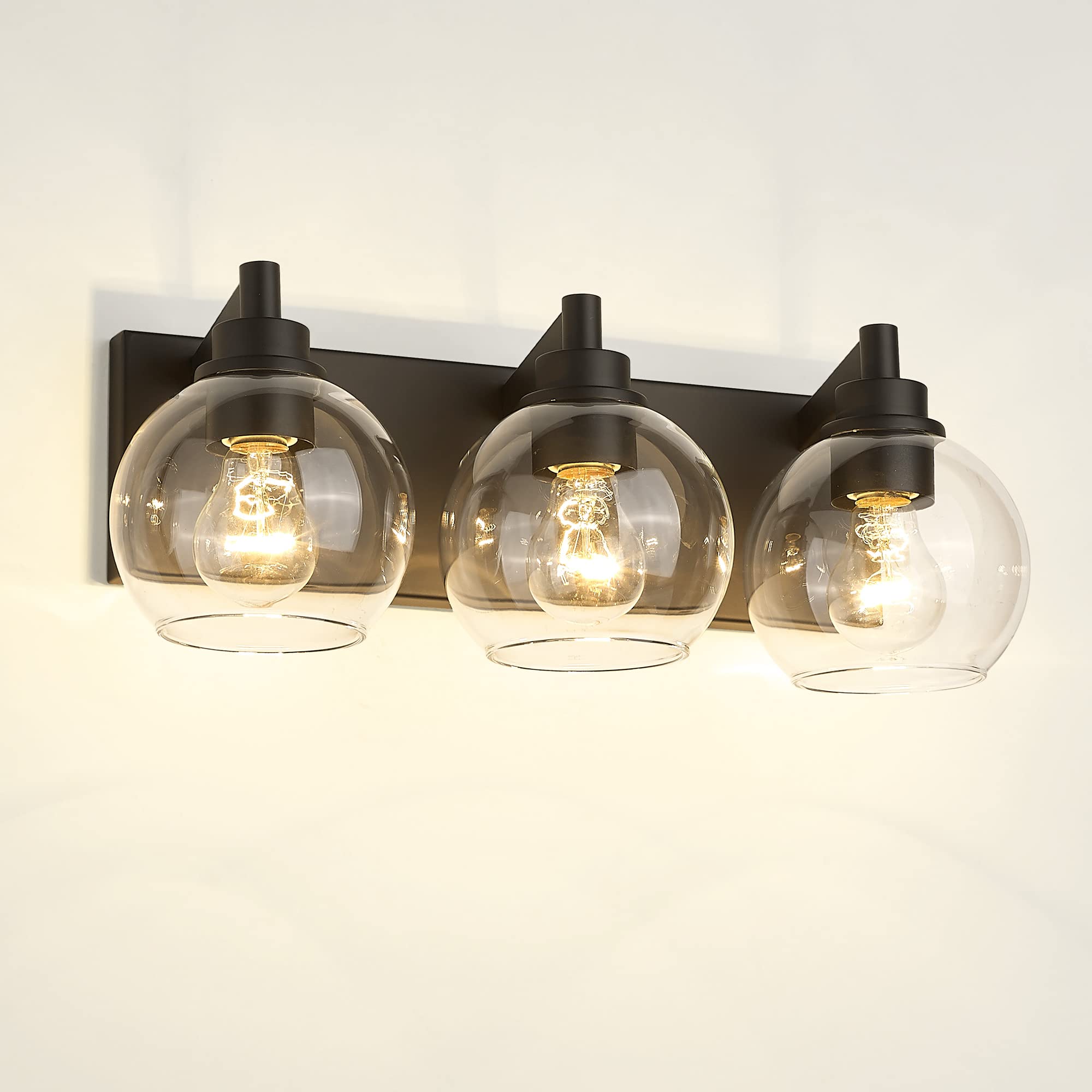 METWET Bathroom Light Fixtures, 3-Light Matte Black Vanity Light, Modern Wall Sconces with Clear Glass Globe Shade, Bathroom Wall Lights for Mirror Kitchen Bedroom Hallway, VL195-MB-3