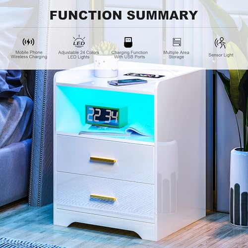 HNEBC Night Stand with Charging Station,LED Nightstand with Body Sensor Function, Smart Nightstand has RGB Lights Mode,Bedside Table with Drawers,Side Table for Bedroom/Living Room (White)
