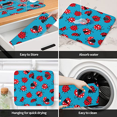 Dish Drying Mat for Kitchen Counter Absorbent Quick Drying Mat, Cute Ladybug Red Black Carapace Insect Dense Animal Blue Microfiber Drying Pad Countertop Protector, Easy to Hang- 16 x 18