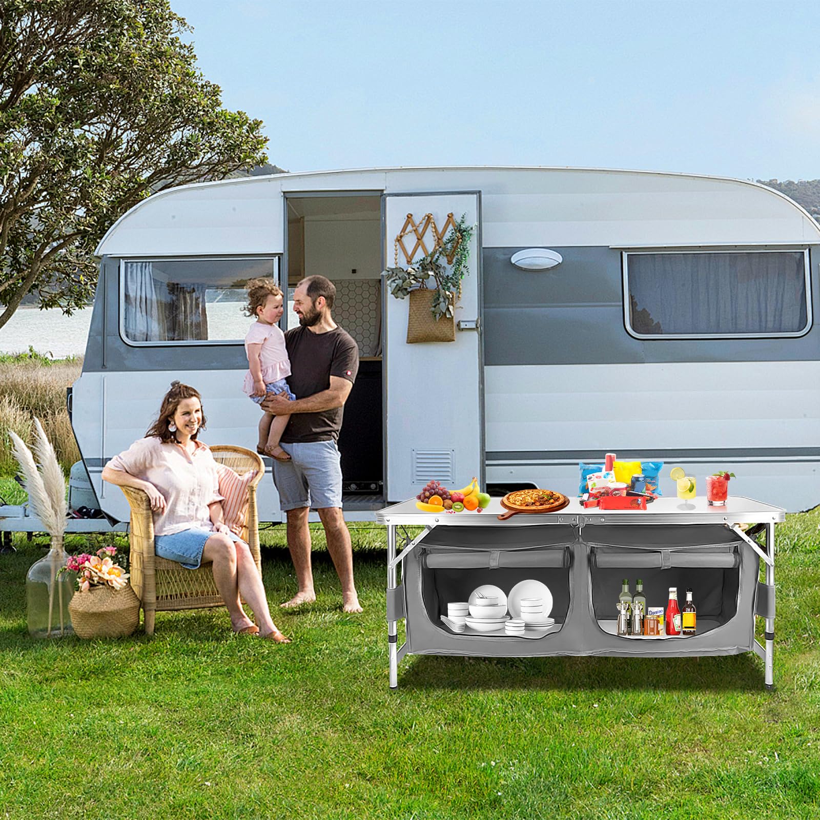 Moosinily Folding Camping Table 4 Ft Foldable Picnic Table 3 Height Adjustable Portable Camp Kitchen with Oxford Storage Outdoor White 47.2×18.5 inch