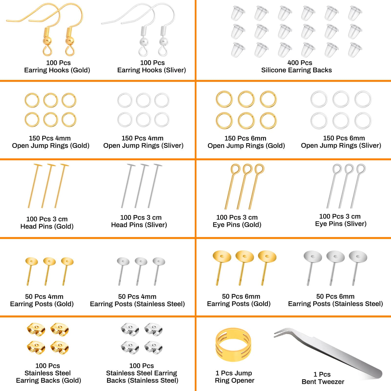 Modacraft 2000Pcs Earring Making Supplies Kit - Hypoallergenic, Includes Hooks, Findings, Posts, Backs, Pins, Jump Rings for Jewelry Making