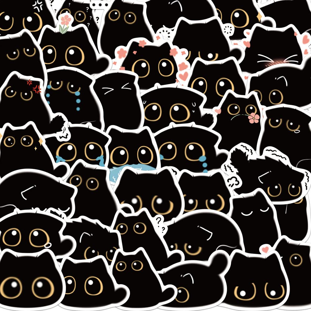 Cute Black Cat Stickers, Funny Cartoon Cat Meme Stickers Pack, 40PCS Funimost Vinyl Waterproof Animal Stickers for Water Bottle Laptop (Cat)